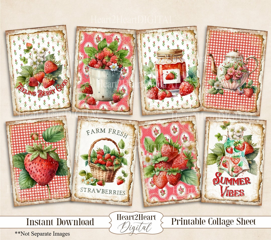 Farmhouse Strawberry Cards Collage Sheet - Journal Cards - Etsy
