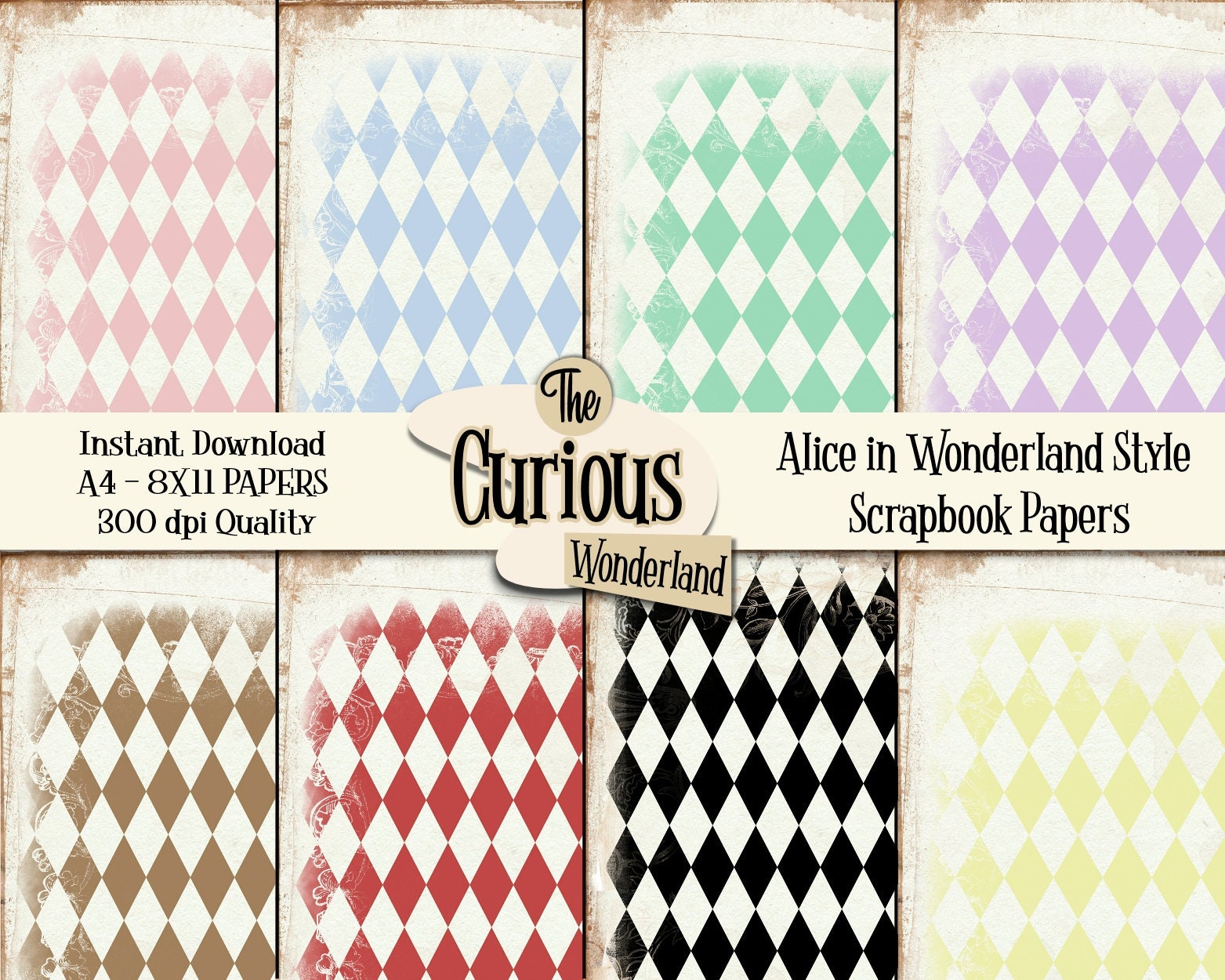 Diamond Paper Harlequin Patterns Digital Paper Alice in Wonderland ...