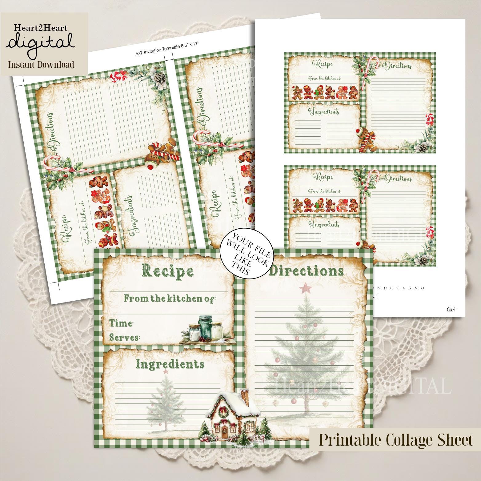 Rustic Christmas Recipe Cards - Collage Sheet -printable Recipe Card ...