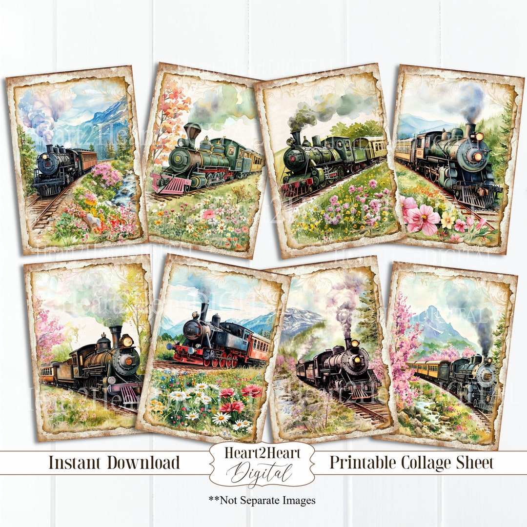 Vintage Spring Trains ATC Ephemera Cards, ACEO Cards, Printable Trains ...