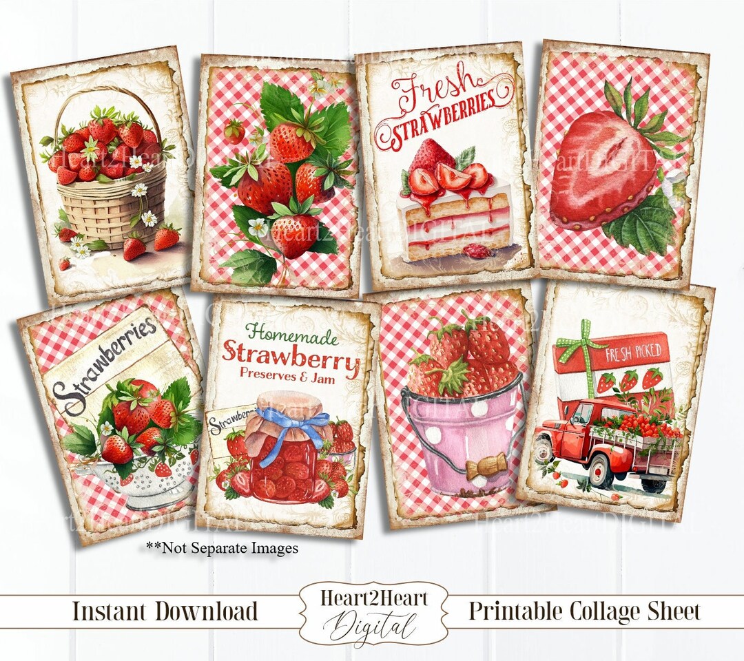 Farmhouse Strawberry Cards Collage Sheet, Tags, Journal Cards, Digital ...