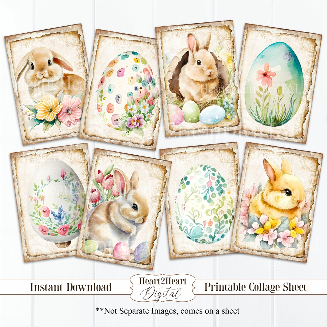 Easter Eggs & Bunnies Mini Cards Collage Sheet, Tags, Easter Journal ...