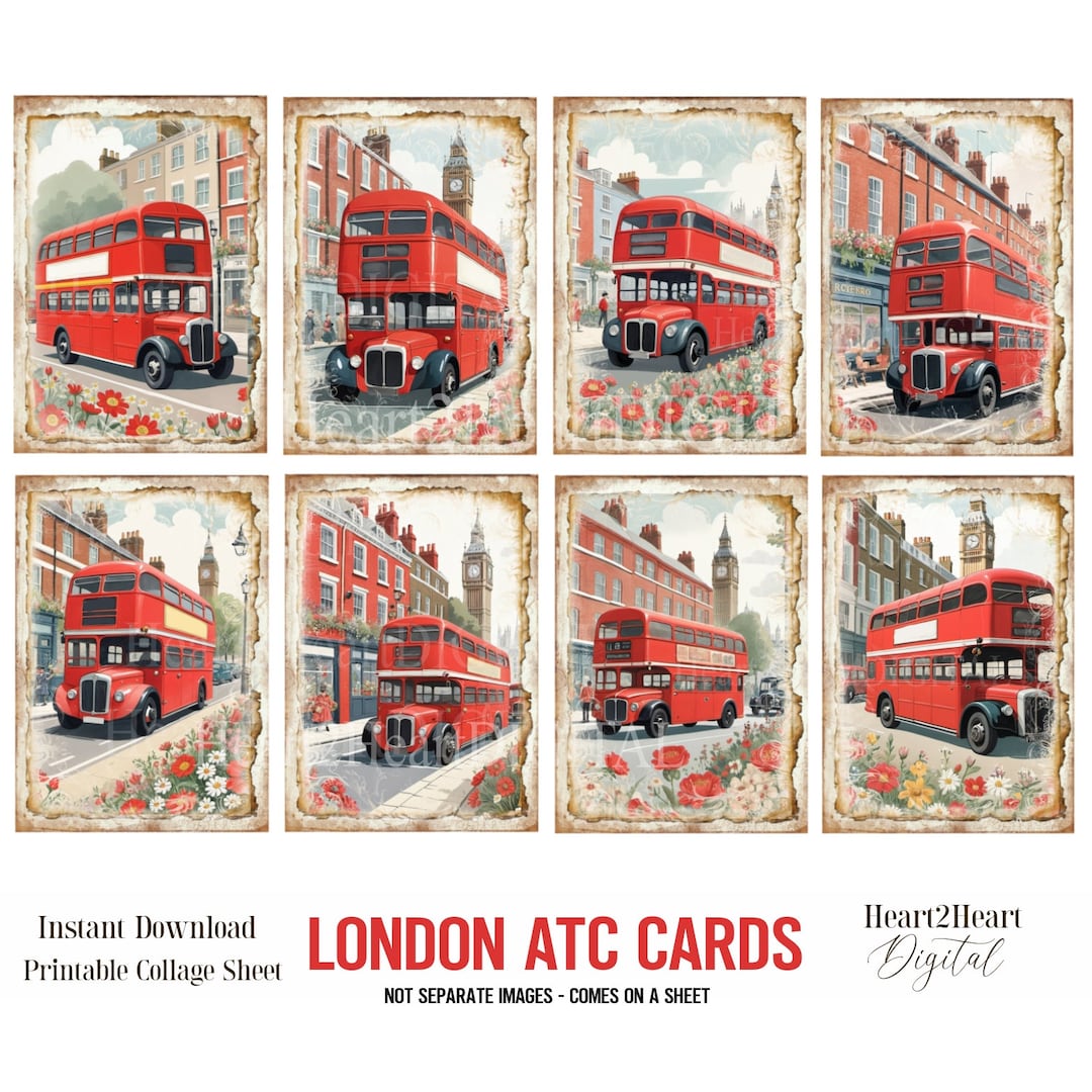 London Bus Journal Cards Collage Sheet, Double Decker Bus Cards, Junk ...