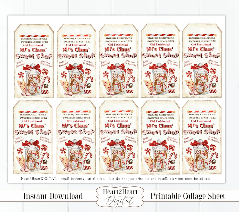 Mrs Claus Sweet Shop Tags, Printable Tags, Sweet Treat Tags, Instant ...