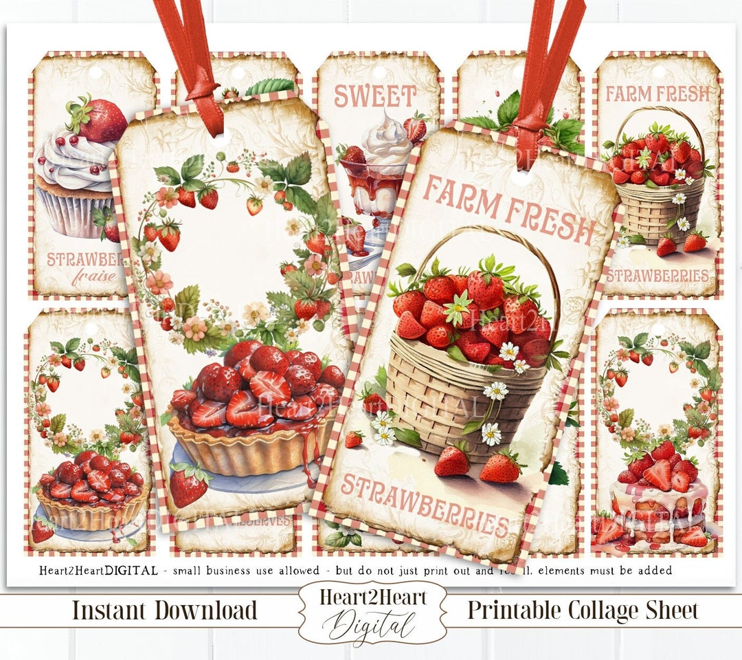 Strawberry Tags, Printable Strawberry Ephemera, Digital Download ...