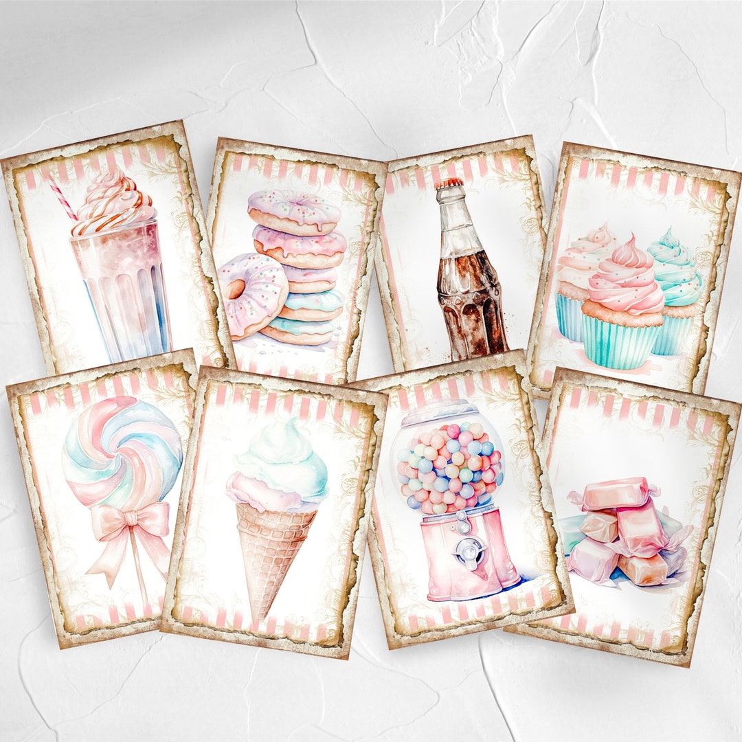 Retro Pink Sweet Treats Collage Sheet Summer Journal Cards ATC ACEO Ice ...