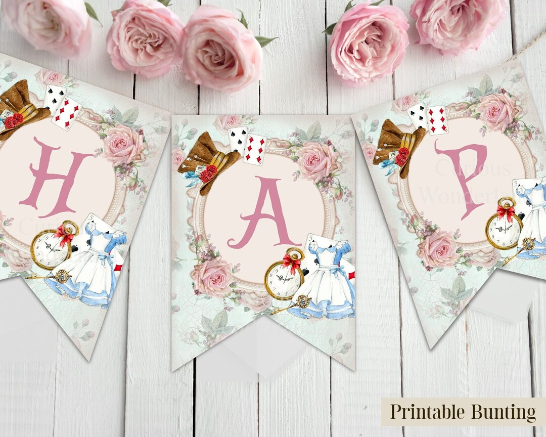 Alice in Wonderland Happy Birthday Bunting, Printable Banners, Birthday ...