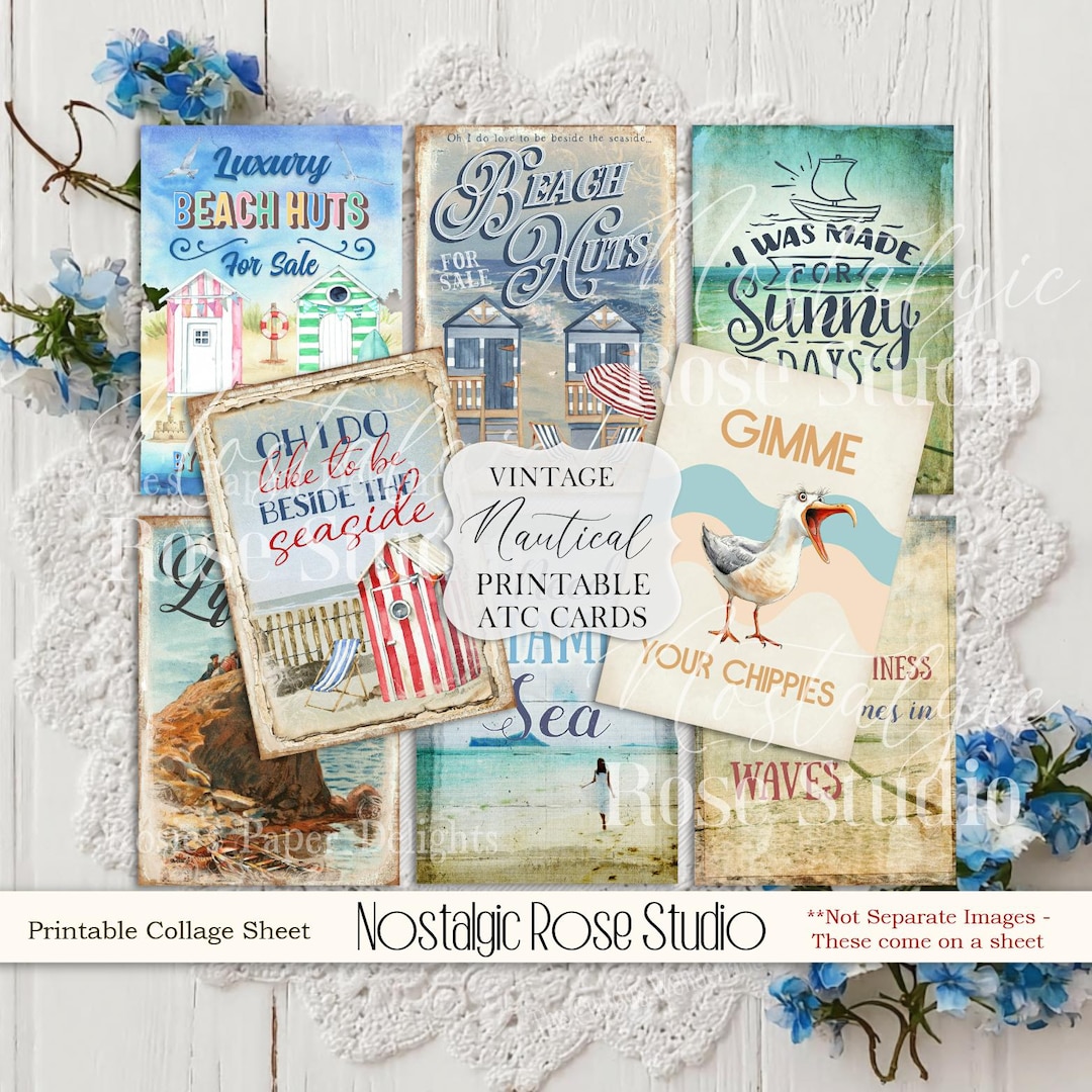 Vintage Nautical Beach ATC Cards Printable Sheet | Seaside Collage for ...