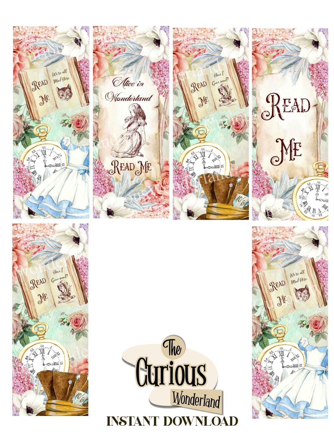 Alice in Wonderland Bookmarks, Digital Collage Sheet, Bookmarks, Tags ...