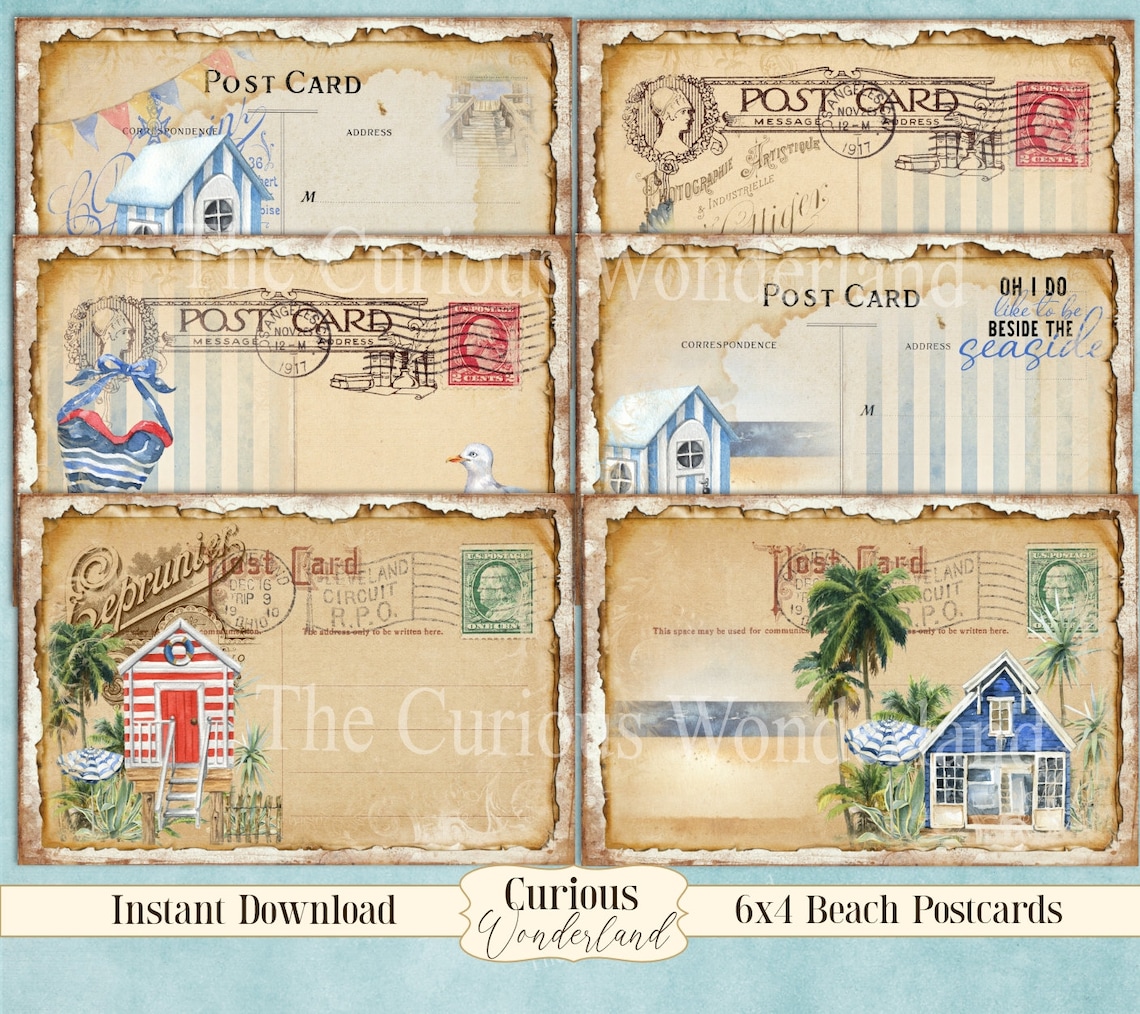 Vintage Beach Postcards 6x4 Journal Cards Digital Collage Sheet Digital ...