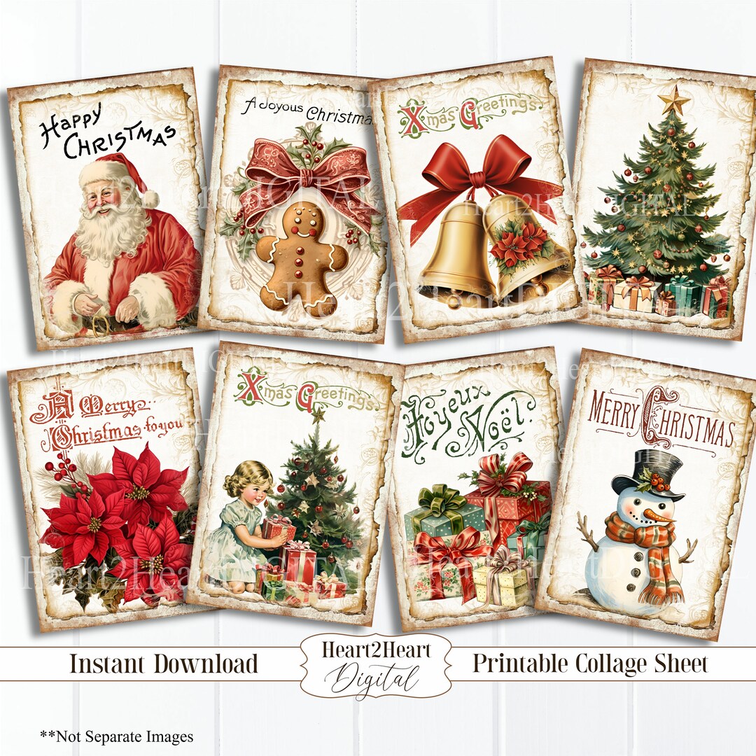 Vintage Christmas Santa Snowman Collage Sheet, Tags, Journals Digital ...