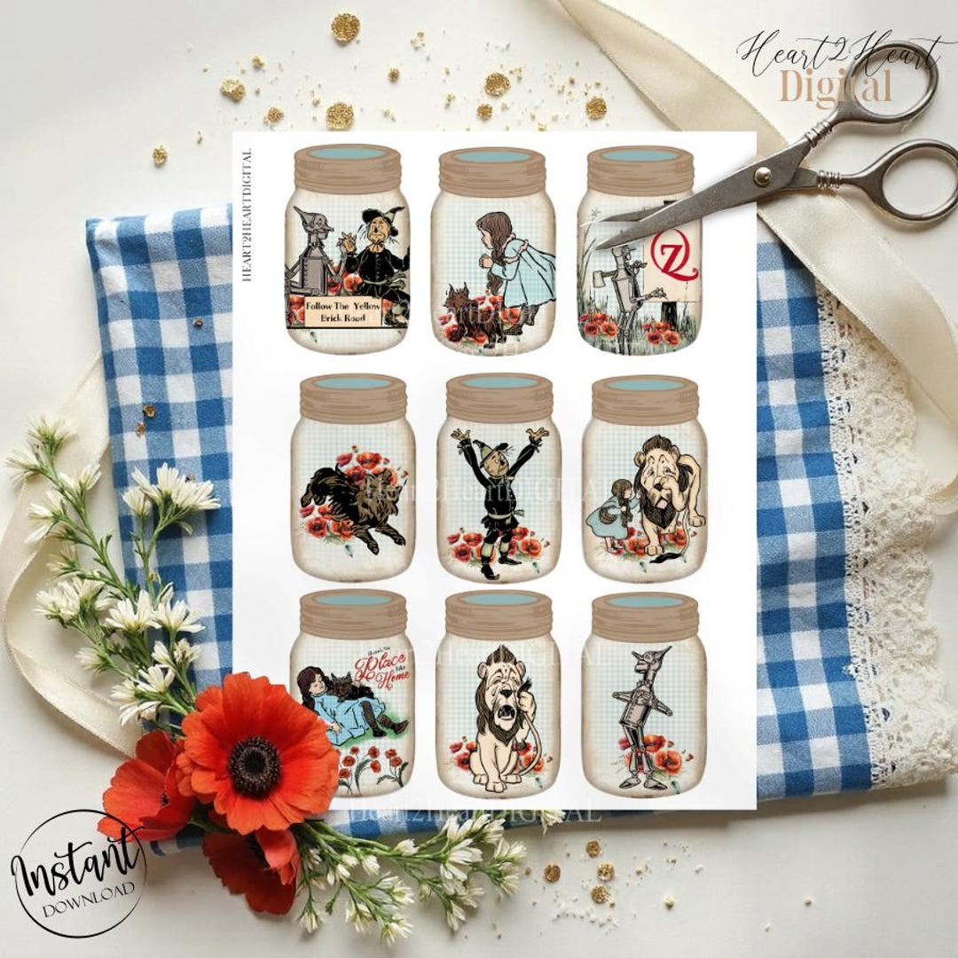 Wizard of Oz Mason Jar Tags, Printable Collage Sheet, Tin Man Tags ...