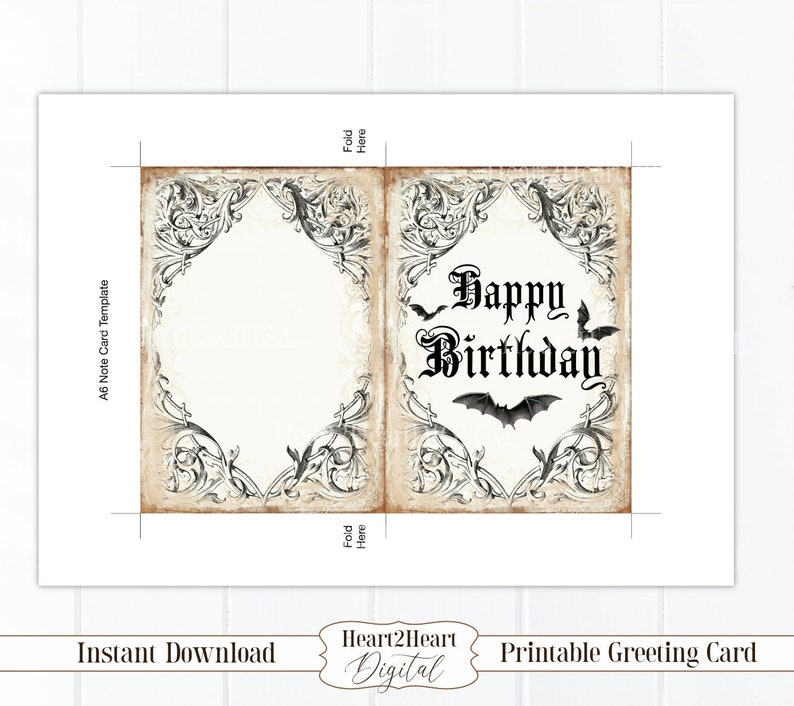 Printable Gothic Birthday Card - INSTANT DOWNLOAD - Goth Birthday - Bat ...