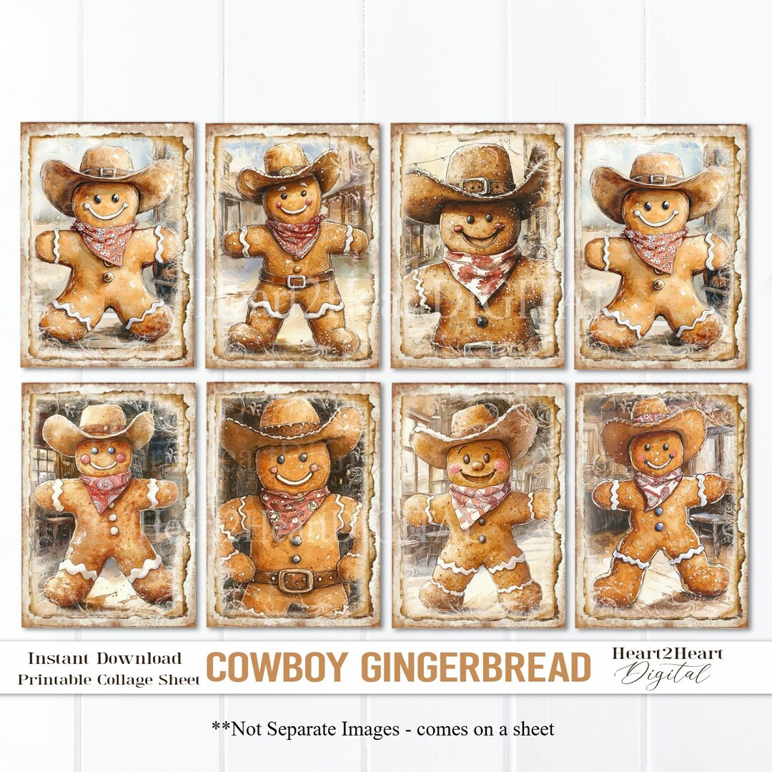 Cowboy Gingerbread Cookie Collage Sheet, Western Holiday, Journal Cards ...