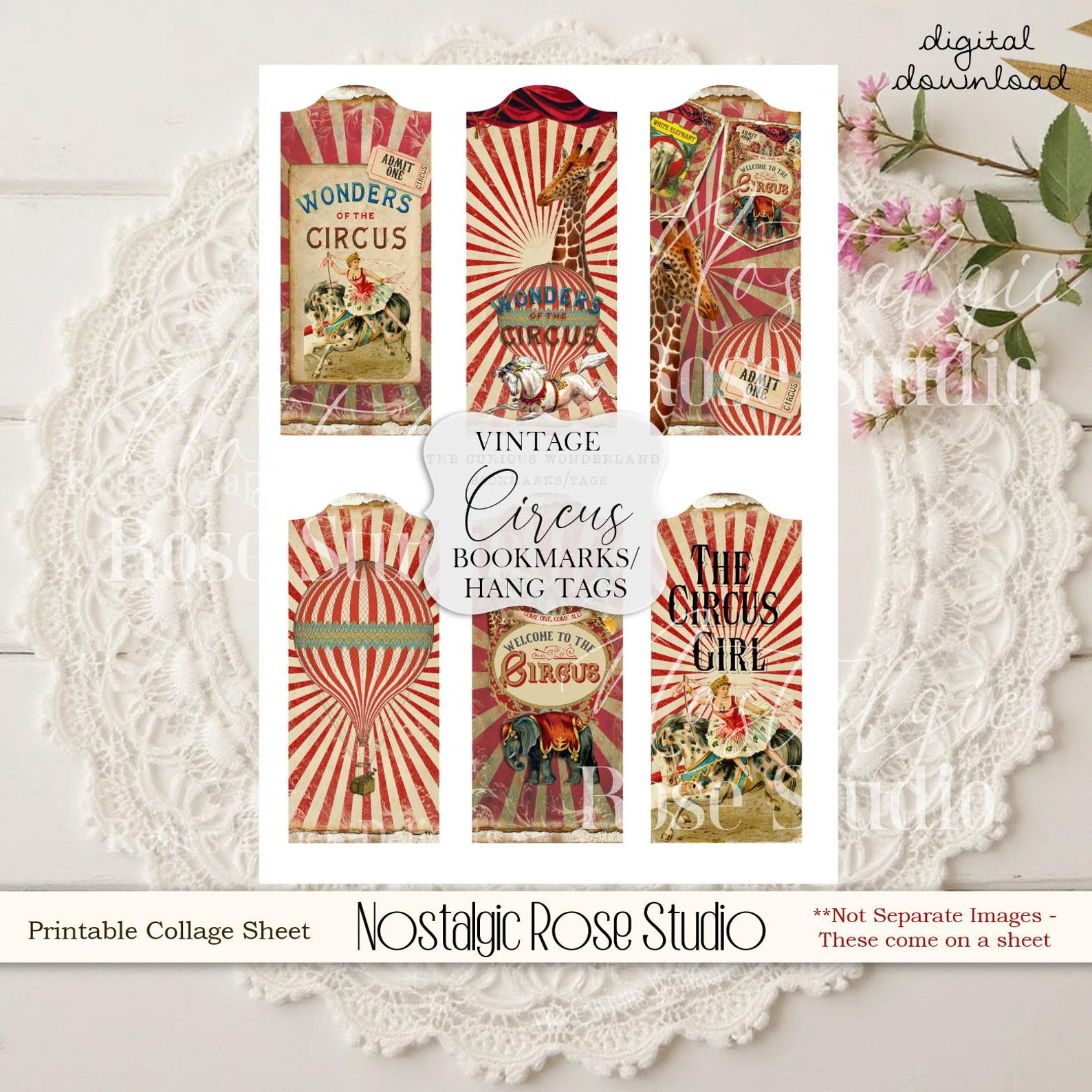 Circus Bookmark Tags Junk Journal Digital Collage Sheet Digital Cards ...