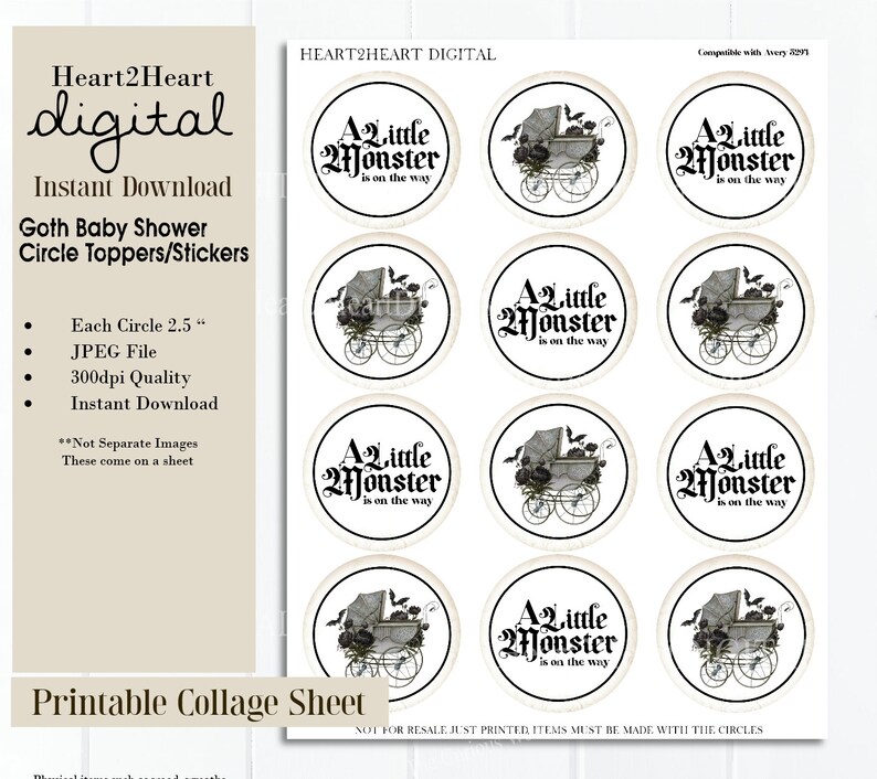 Goth Baby Shower Circle Tags DIY Gift Labels 2.5 Inches Printable ...