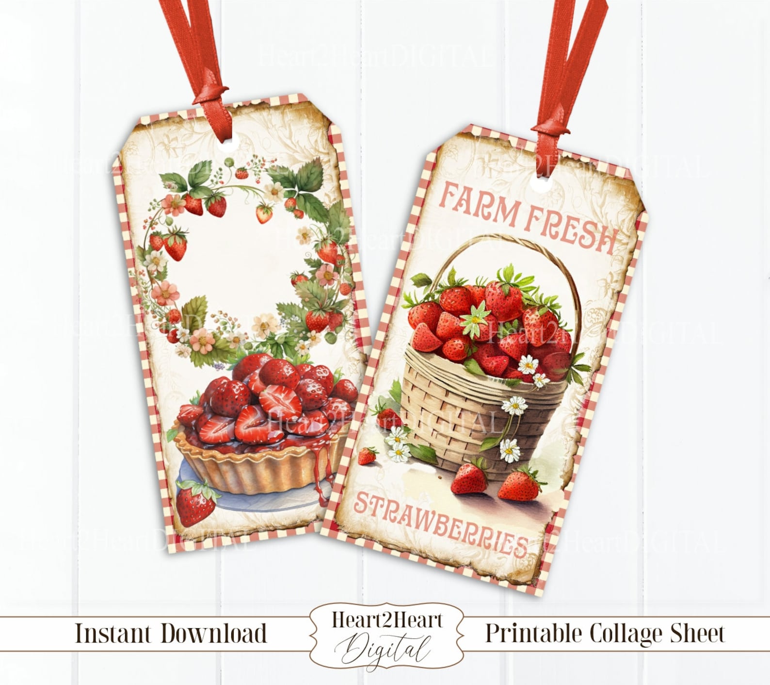Strawberry Tags, Printable Strawberry Ephemera, Digital Download ...