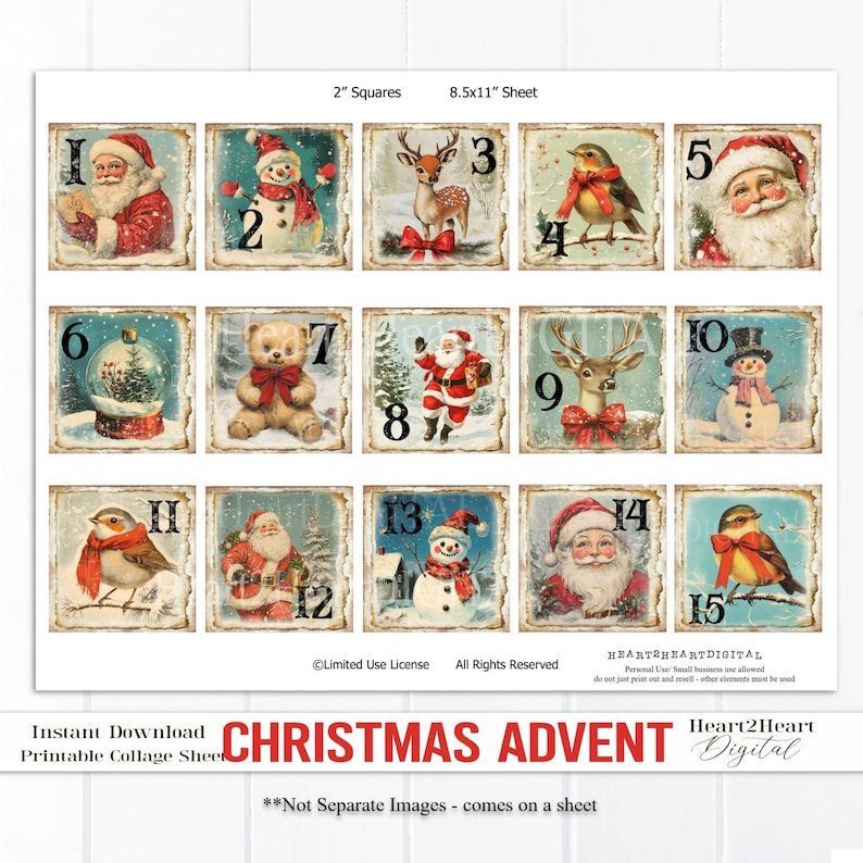 Vintage Christmas Advent Squares, Christmas Countdown, December ...