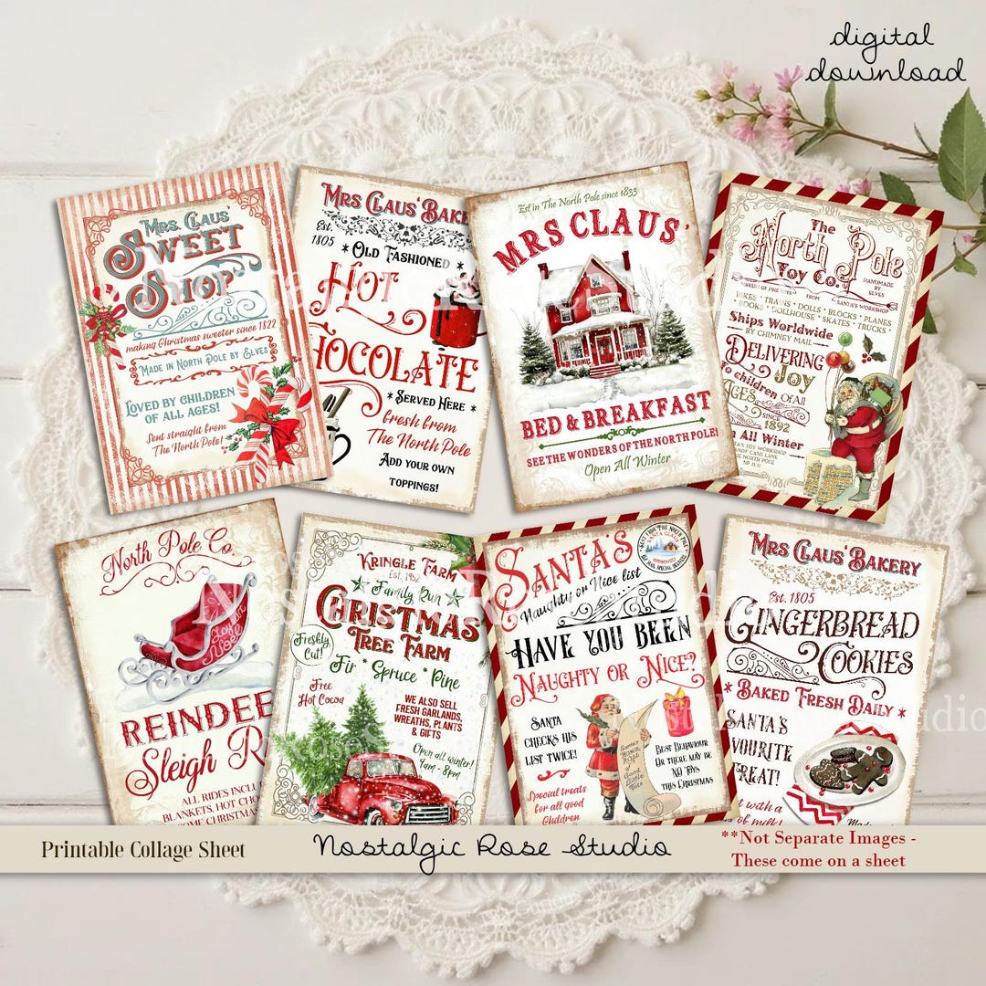 Vintage Christmas Mini Signs Collage Sheet, Tags, Junk Journal Cards ...