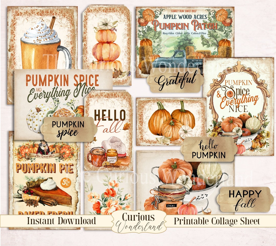 Pumpkin Fall Collage Sheet ATC Journal Cards Digital Image Scrapbook ...