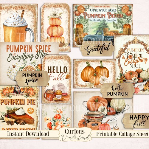 Rustic Pumpkin Fall Hang Tags Collage Sheet ATC Journal Cards - Etsy