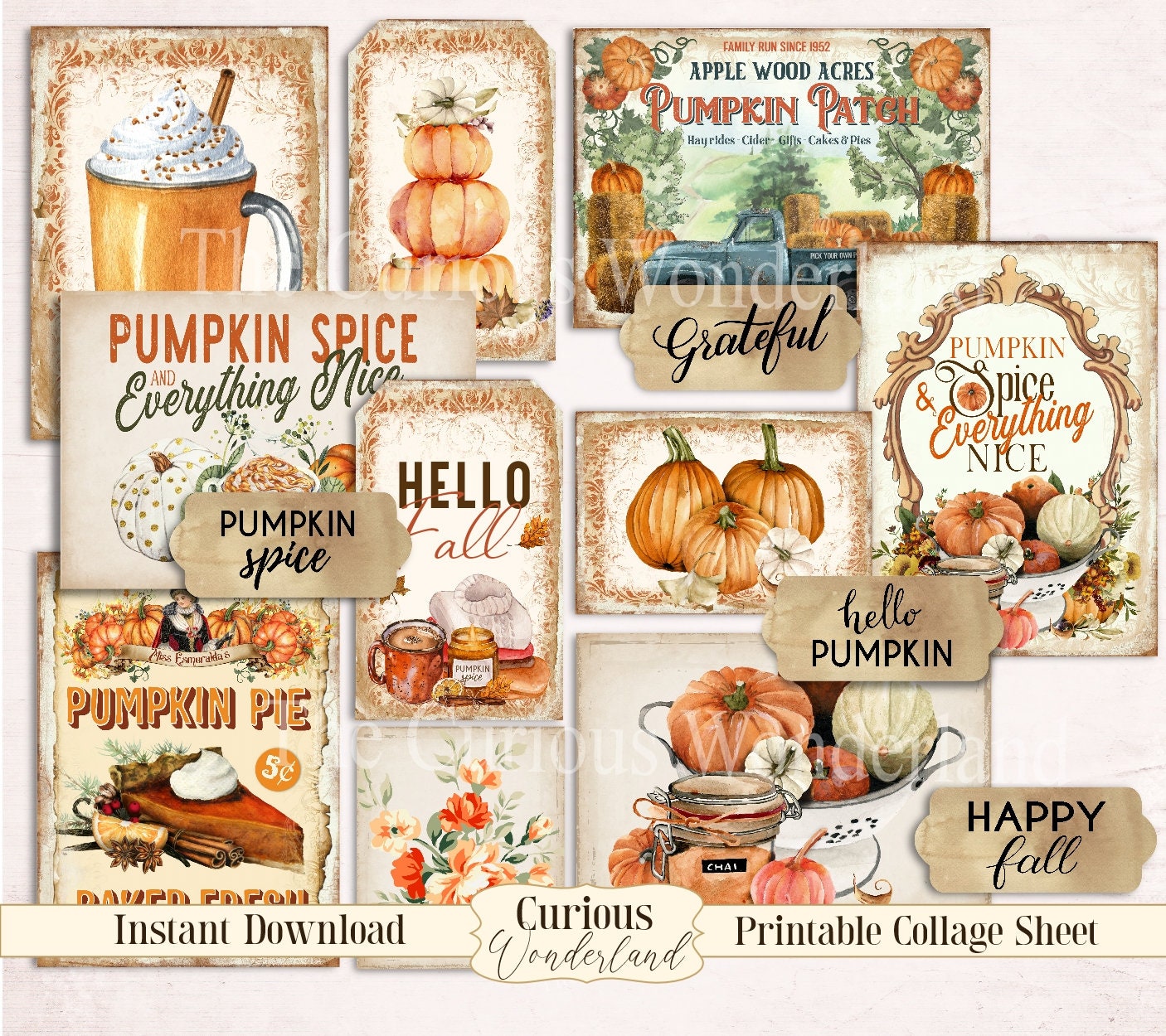 Pumpkin Fall Collage Sheet ATC Journal Cards Digital Image Scrapbook ...