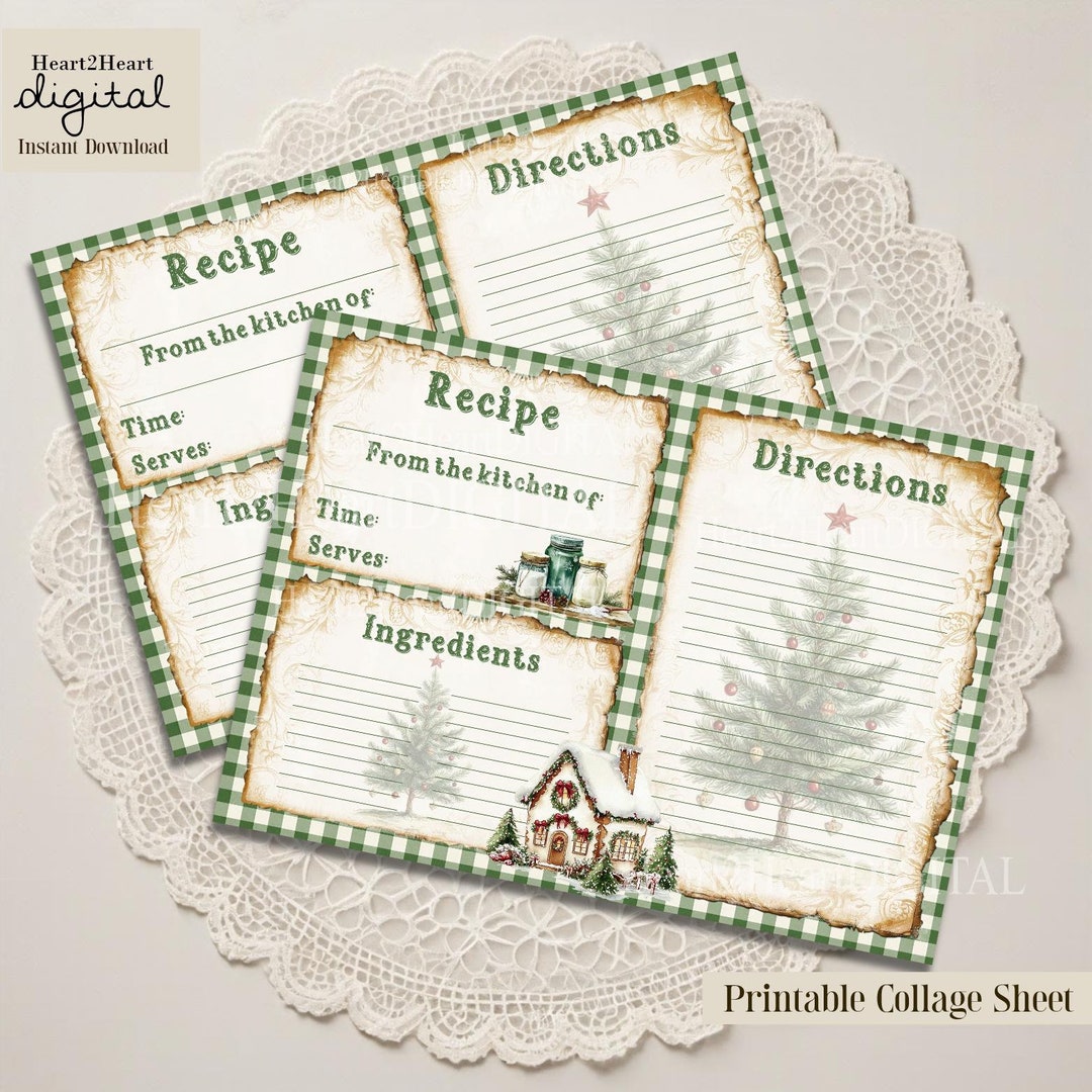 Rustic Christmas Recipe Cards - Collage Sheet -printable Recipe Card ...