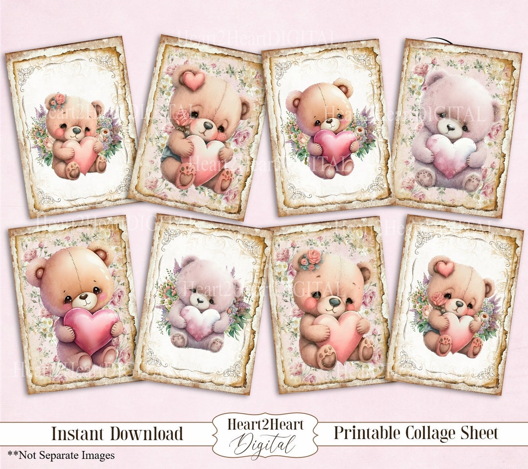 Shabby Chic Valentine Teddy Bears Collage Sheet, Tags, Journal Cards ...