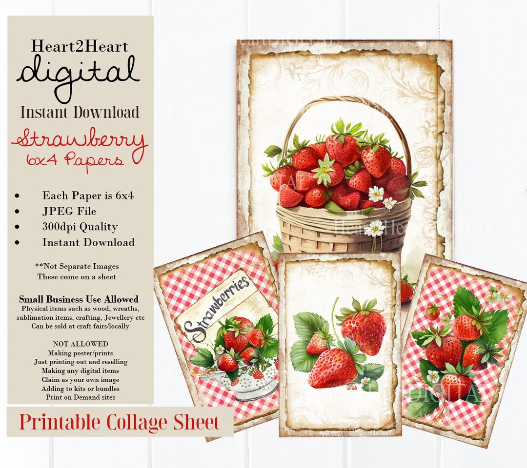 Farmhouse Strawberry Cards 6x4 Papers Collage Sheet, Tags, Journal ...