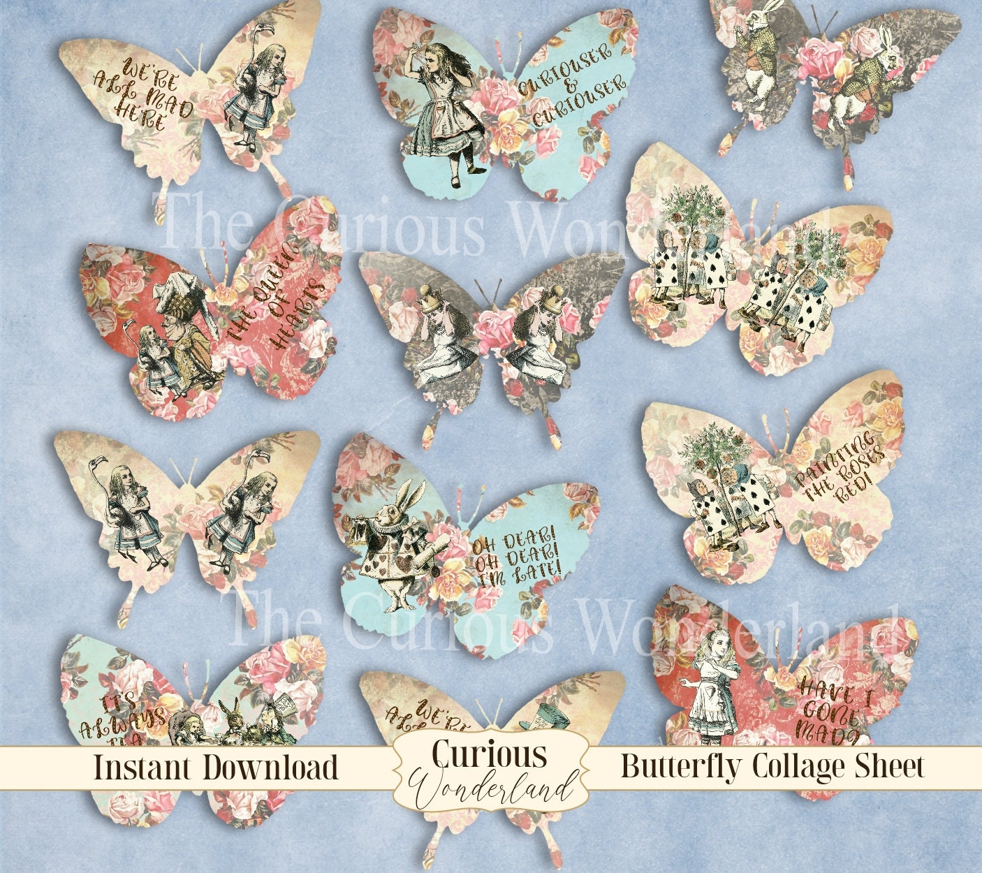 Alice in Wonderland Butterfly Collage Sheet, Clipart, Printable ...