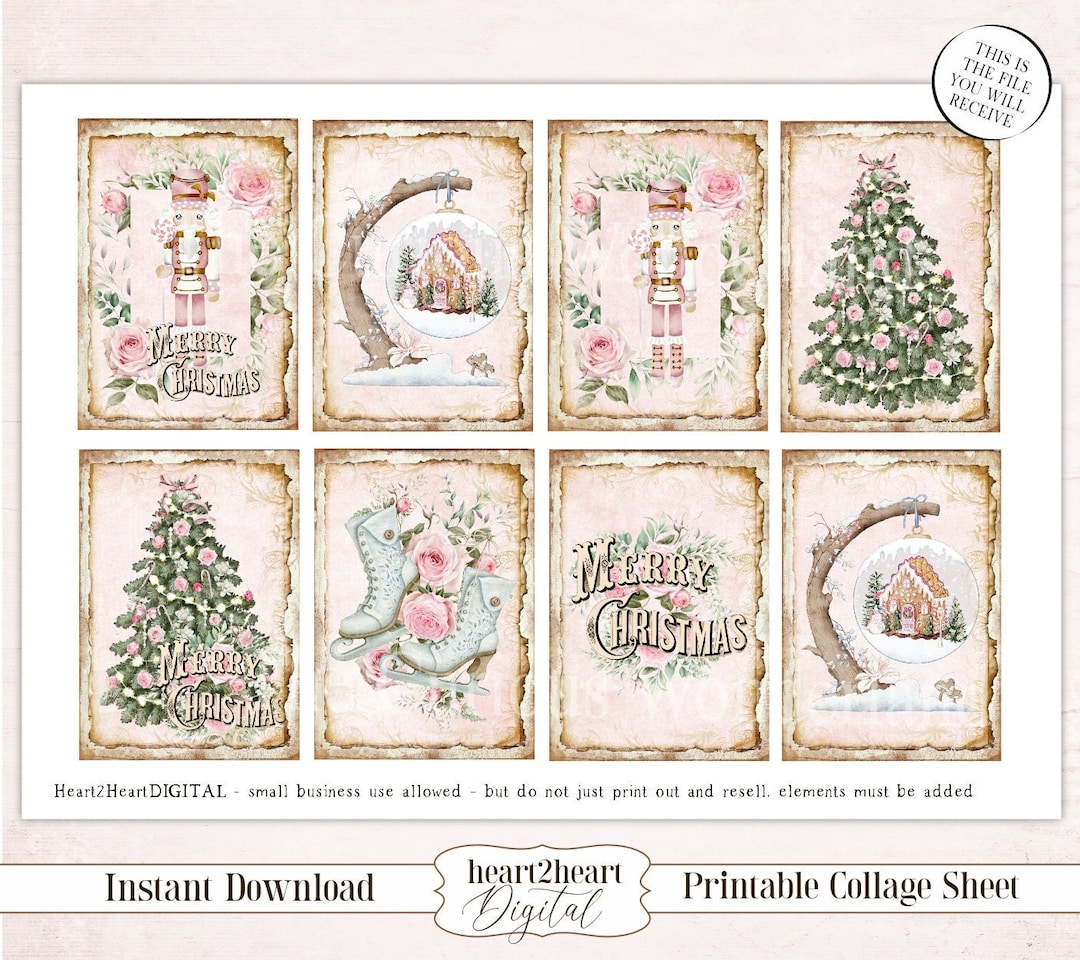 Shabby Chic Pink Christmas Collage Sheet, Tags, Journal Cards, Digital ...