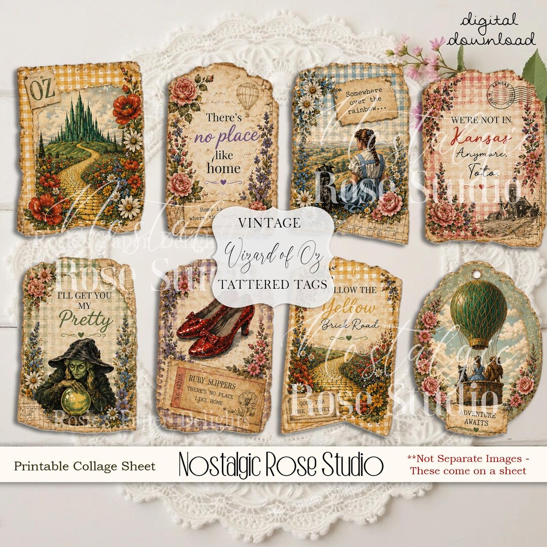 Vintage Wizard of Oz Tattered Tags Printable Junk Journal Ephemera ...