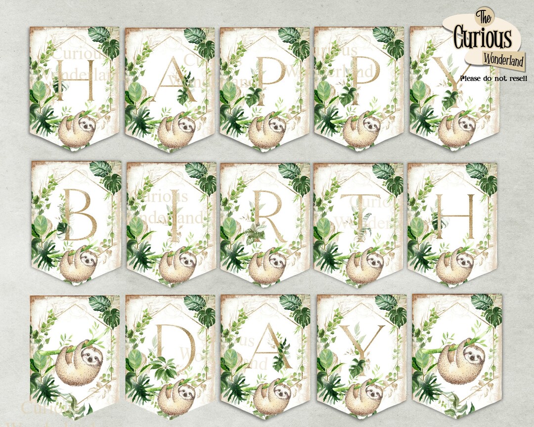 Sloth Happy Birthday Banner, Printable Banners, Jungle Birthday Party ...