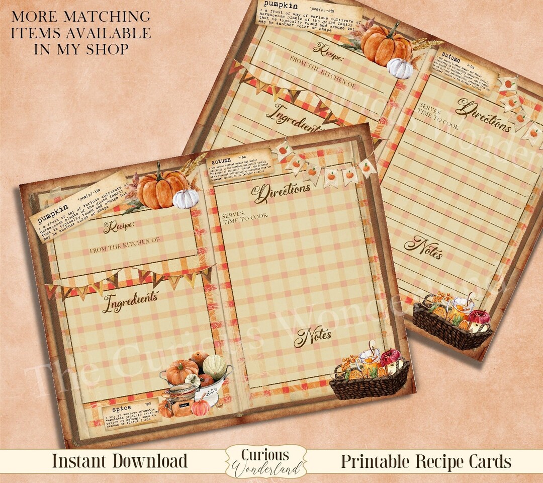 Fall Recipe Cards, Collage Sheet, Printable Recipe Card, Recipe Book ...