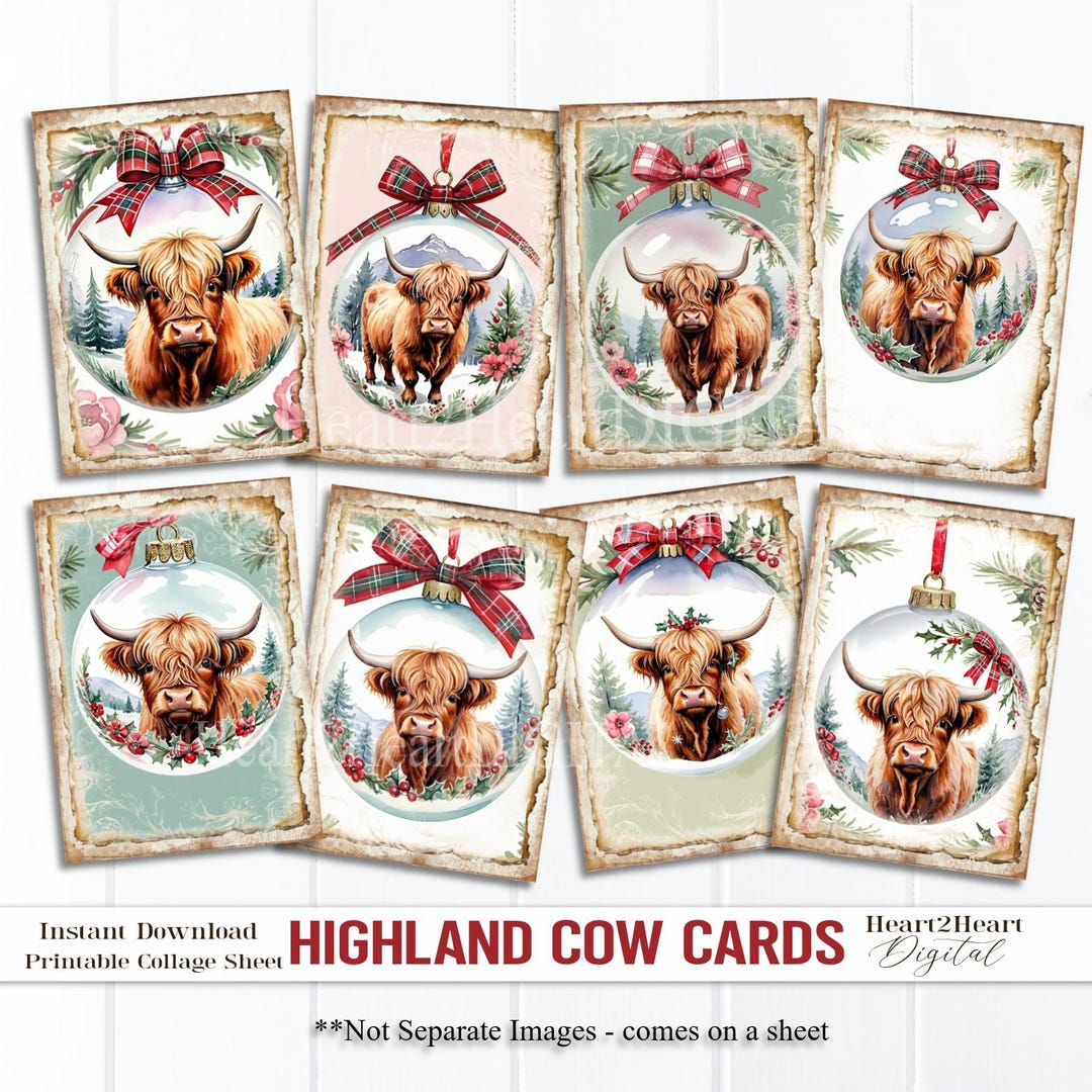 Christmas Highland Cow Bauble Collage Sheet, Tags, Journal Cards ...