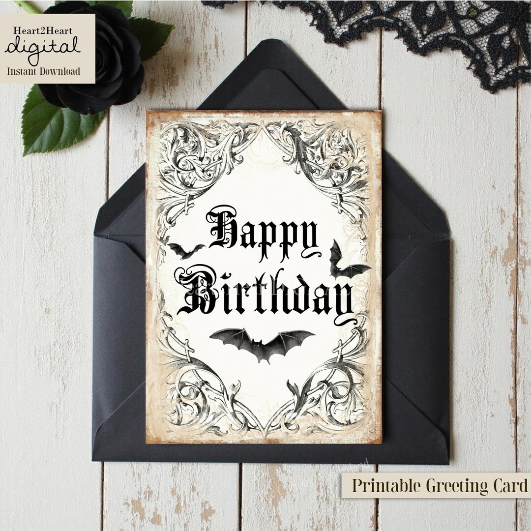 Printable Gothic Birthday Card - INSTANT DOWNLOAD - Goth Birthday - Bat ...