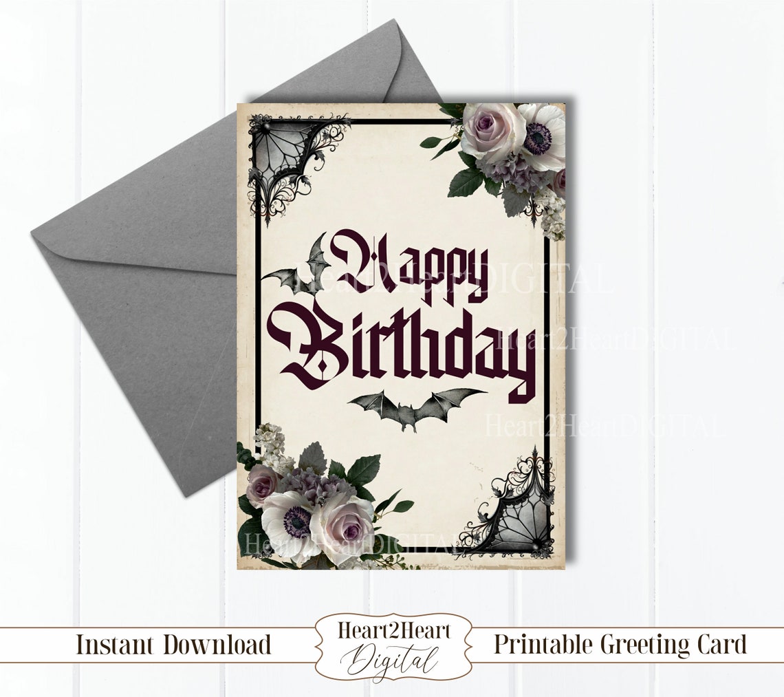Printable Goth Birthday Card, INSTANT DOWNLOAD, Goth Birthday, Bat ...