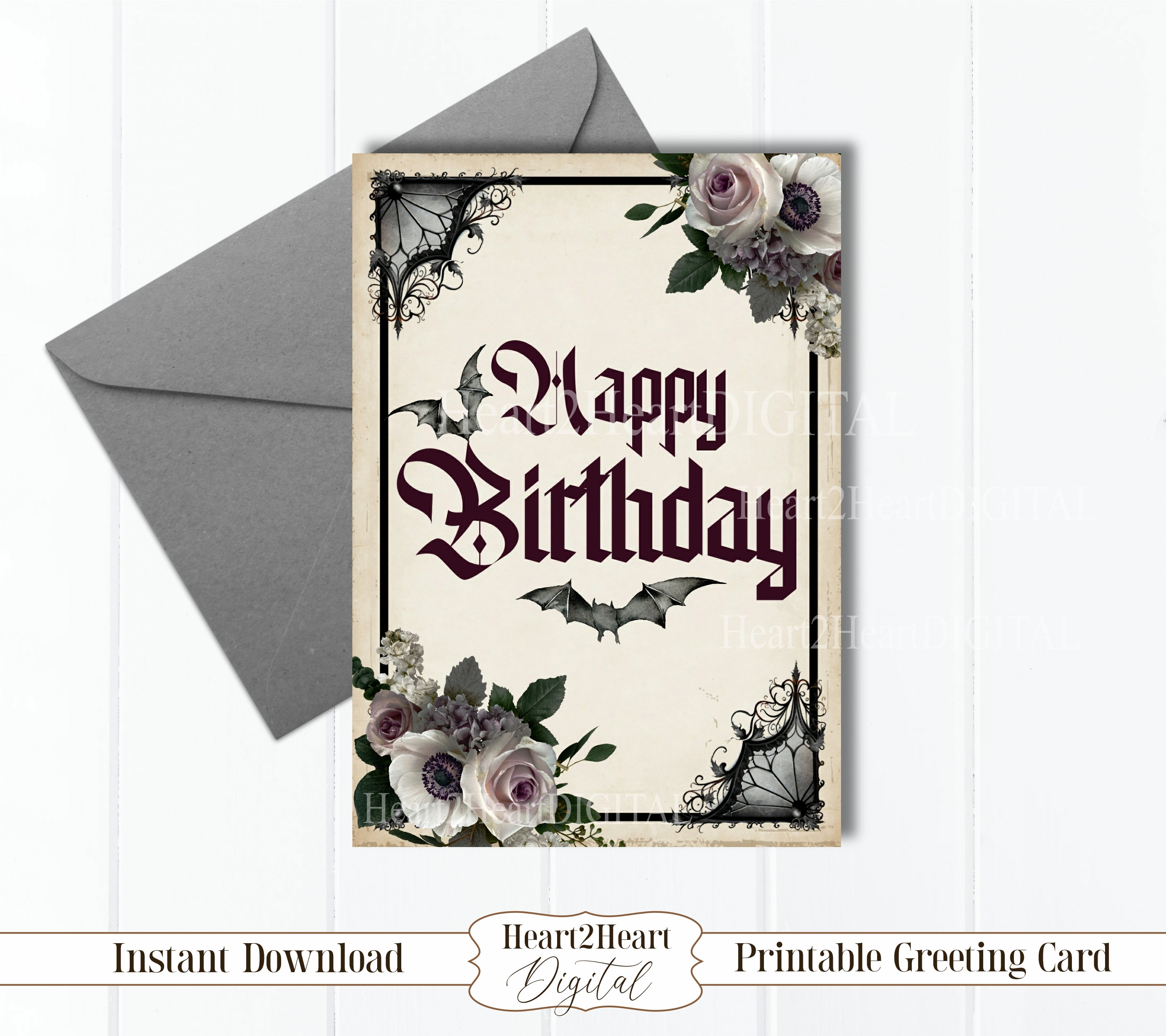 Printable Goth Birthday Card, INSTANT DOWNLOAD, Goth Birthday, Bat ...