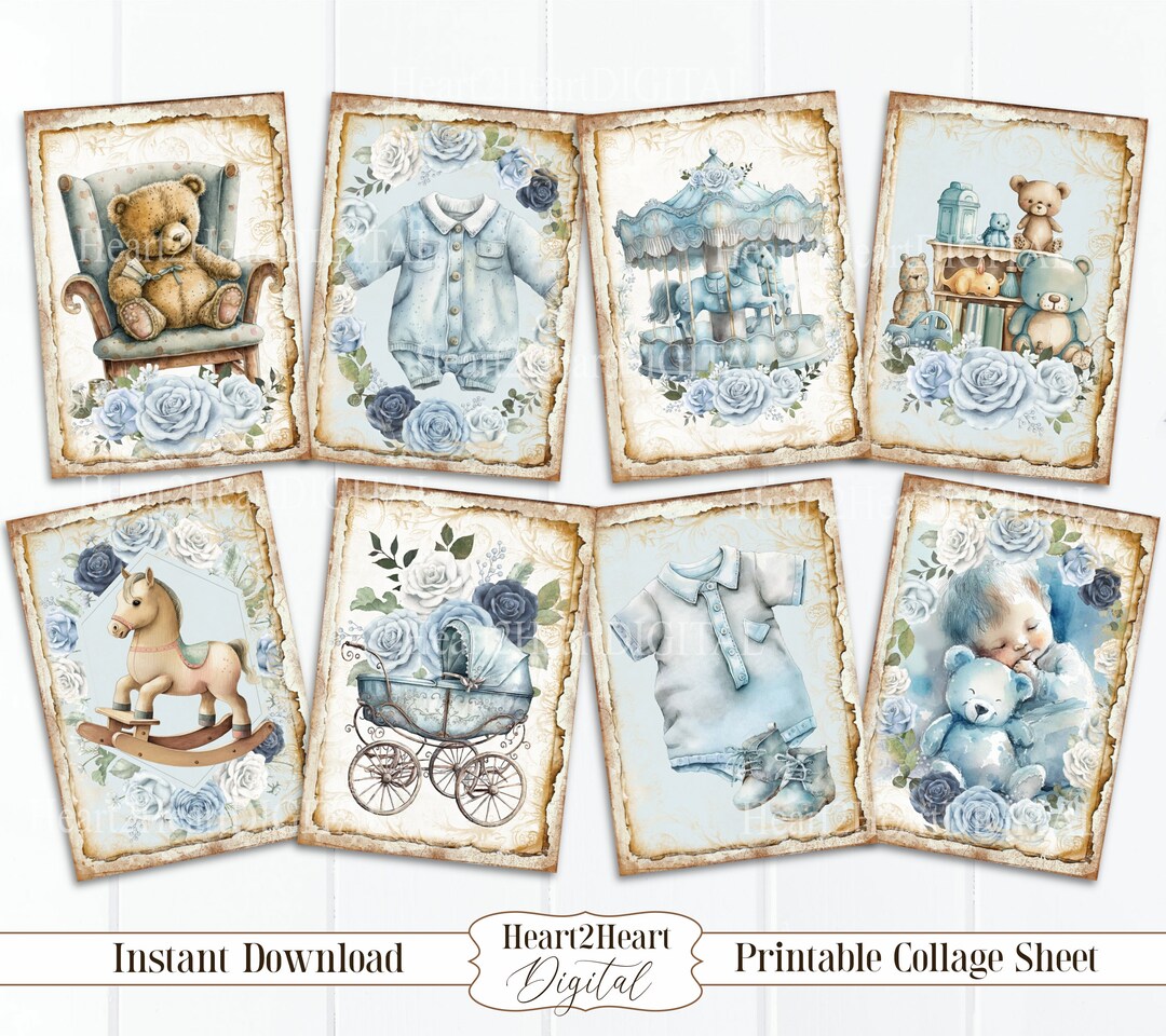 Baby Boy Ephemera Cards, ATC ACEO Cards, Printable Baby Cards, Baby ...