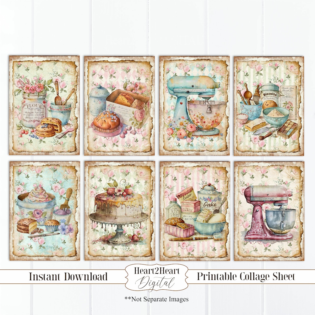 Shabby Chic Baking Kitchen Cards Collage Sheet, Tags, Journal Cards ...