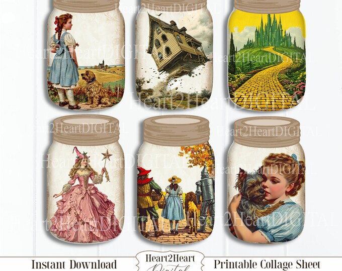 Wizard of Oz Mason Jar Tags, Printable Collage Sheet, Tin Man Tags ...