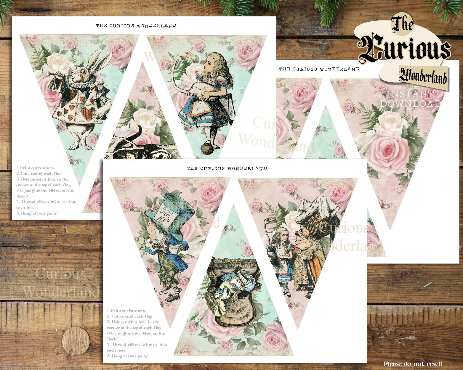 Shabby Chic Alice in Wonderland Banners Printable Party Bunting INSTANT ...