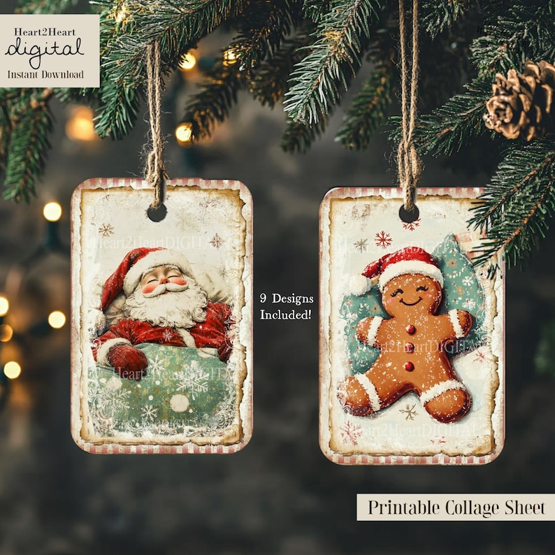 Rustic Sleepy Christmas Tags Collage Sheet ATC Journal Cards Digital ...