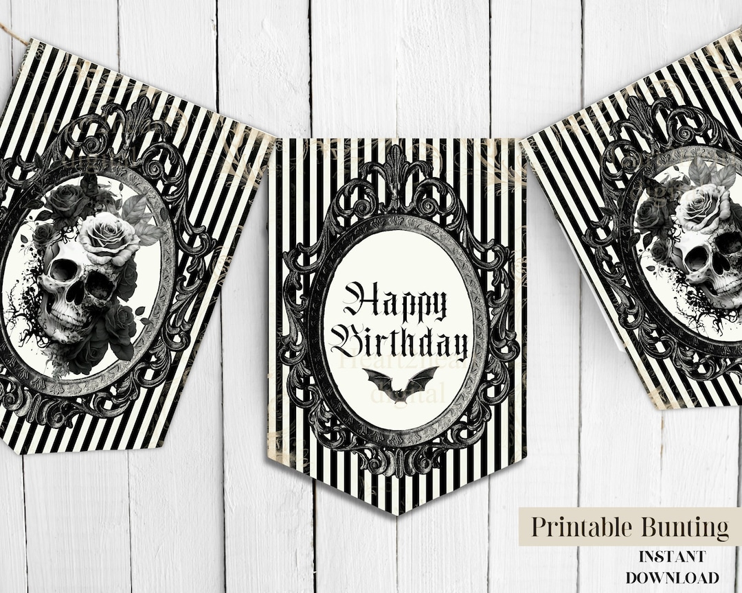 Gothic Skull Happy Birthday Bunting, Birthday Party Decorations, Goth ...