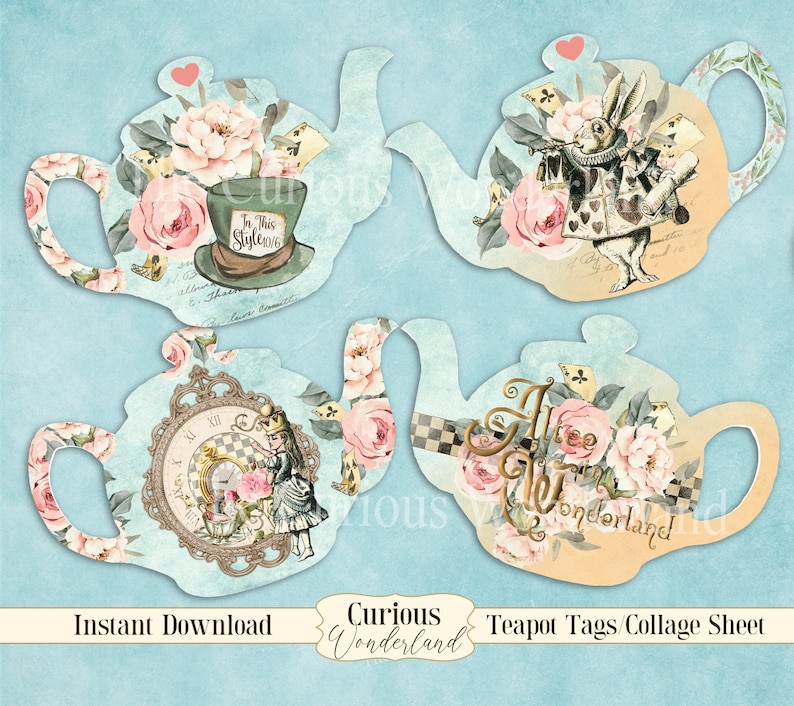 Alice in Wonderland Teapot Collage Sheet - Tags. ATC, Journal Cards ...