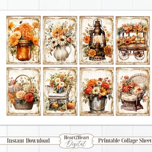 Autumn Floral ATC Collage Sheet, Fall Flowers Journal Cards, Digital ...