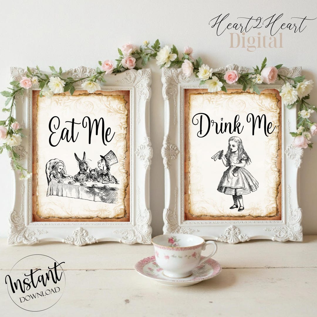 Vintage Set of 2 Alice in Wonderland Party Food Signs, Drink Me, Eat Me ...