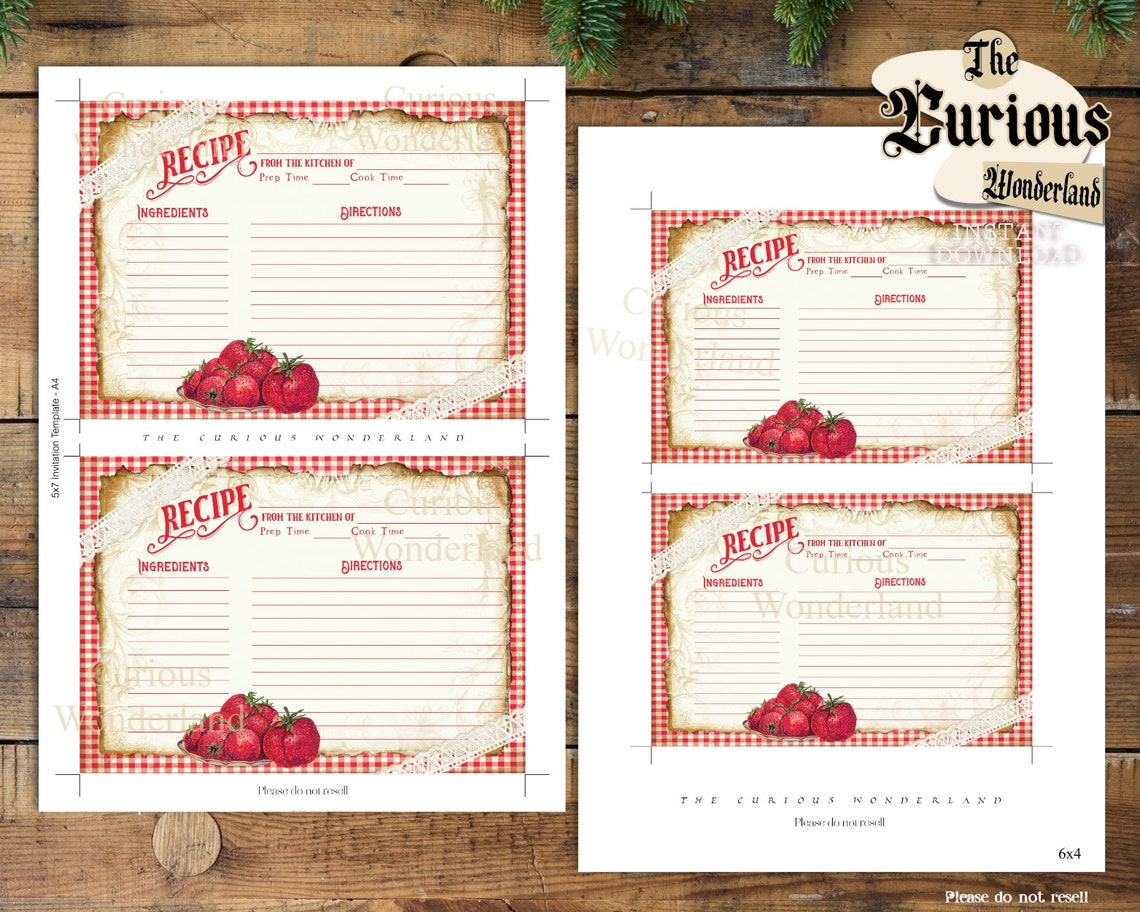 Farmhouse Style Strawberry Recipe Cards Gingham Printable - Etsy
