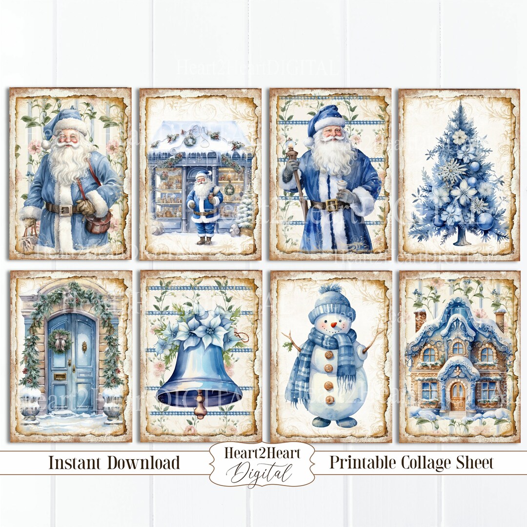 Blue Christmas Santa Collage Sheet, Tags, Journal Cards, Digital Image ...