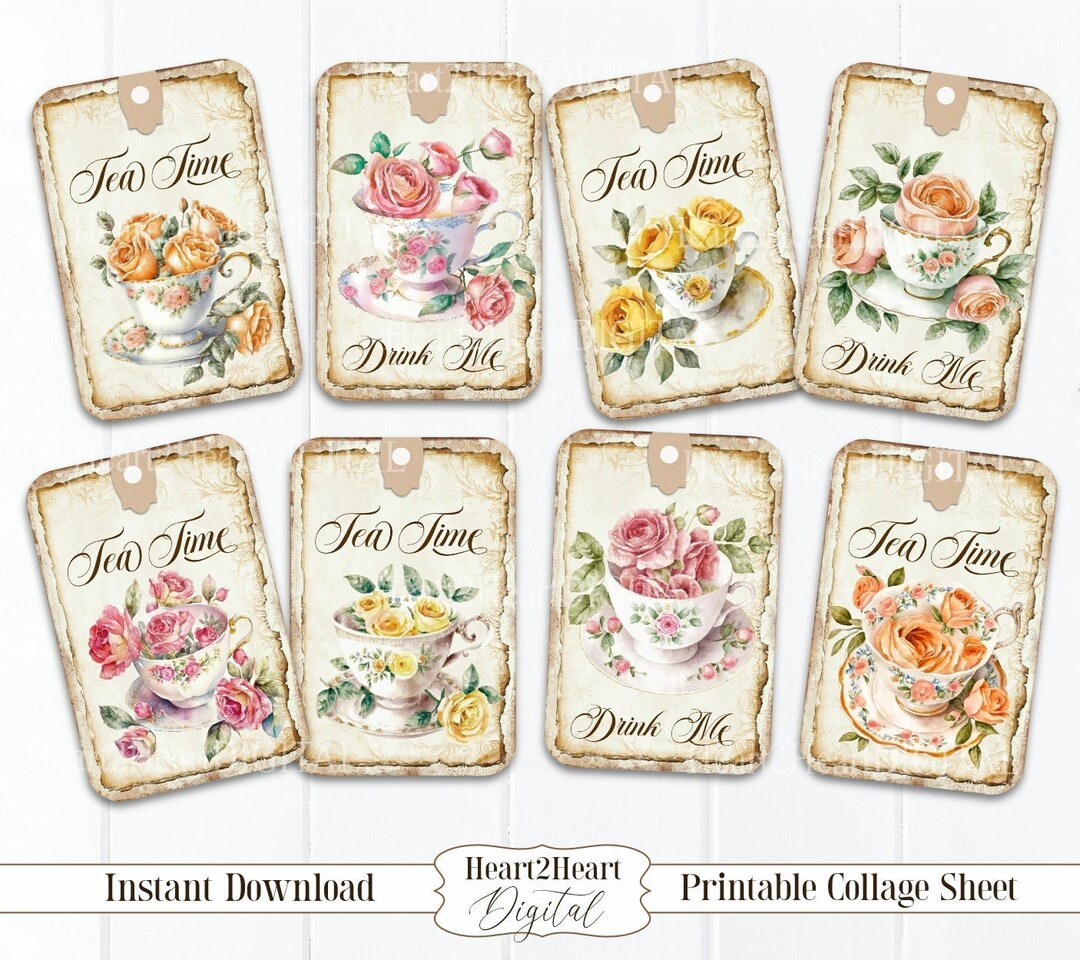 Shabby Chic Tea Cup Hang Tags Collage Sheet ATC Journal Cards Digital ...